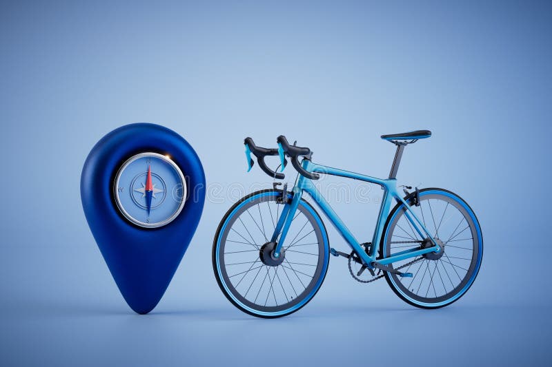 Traveling by Bike. Bike and Compass Inside the Gps Point on a Blue ...