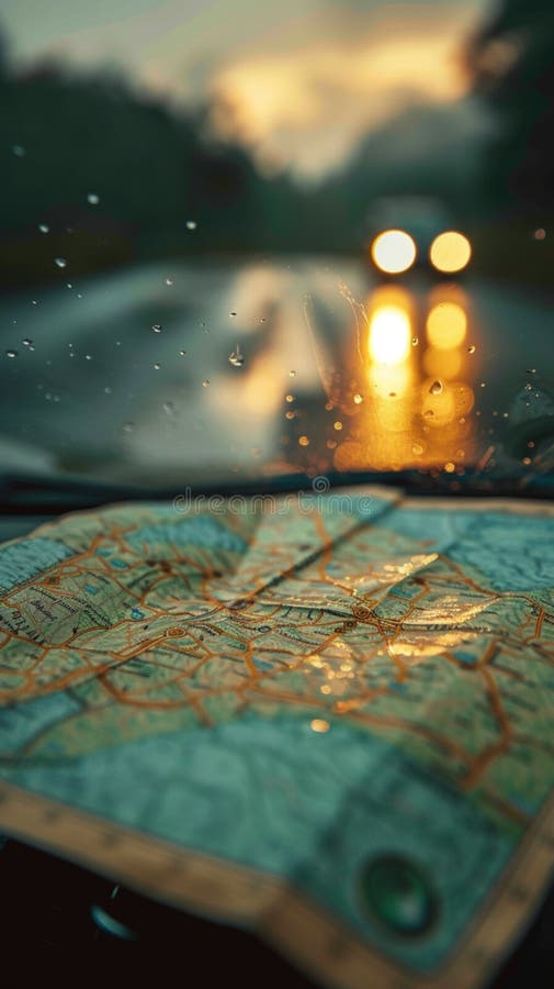 Traveling by Car with Map To Guide the Road Trip Stock Illustration ...