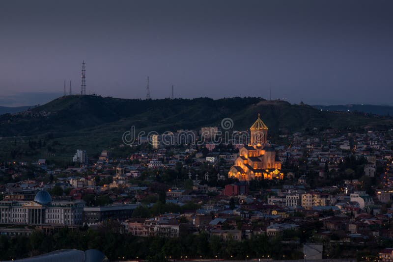 Illuminated Sameba Cathedral Editorial Image - Image of cityscape, blue ...