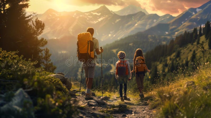 Traveling Family. Family in a Hike in Mountain Forest. Stock Photo ...