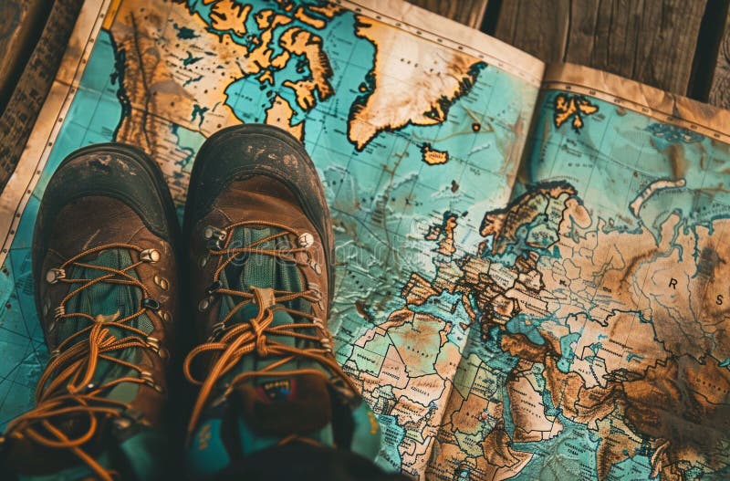 Traveling Hiking Boots on World Map. Generative Ai Stock Illustration ...
