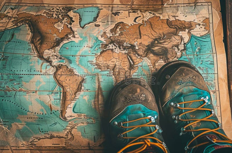 Traveling Hiking Boots on World Map. Generative Ai Stock Illustration ...