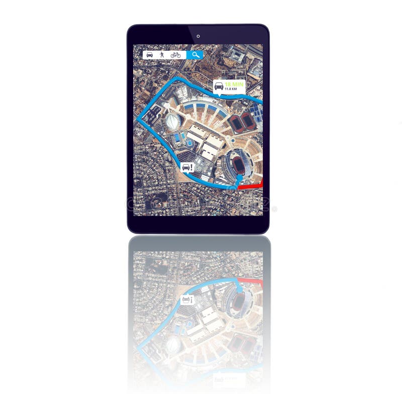 Traveling Made Easy. a Tablet Showing a City Satellite Map with Gps ...