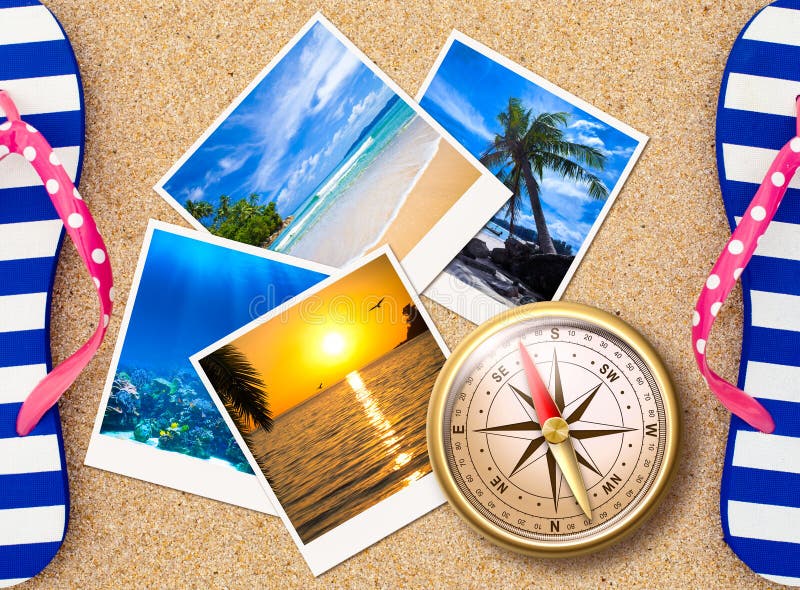 Traveling Photos with Compass on Beach Concept Stock Image - Image of ...
