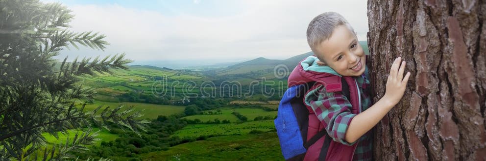 Travelling Boy with Bag in Front of Landscape Holding Tree Stock Image ...
