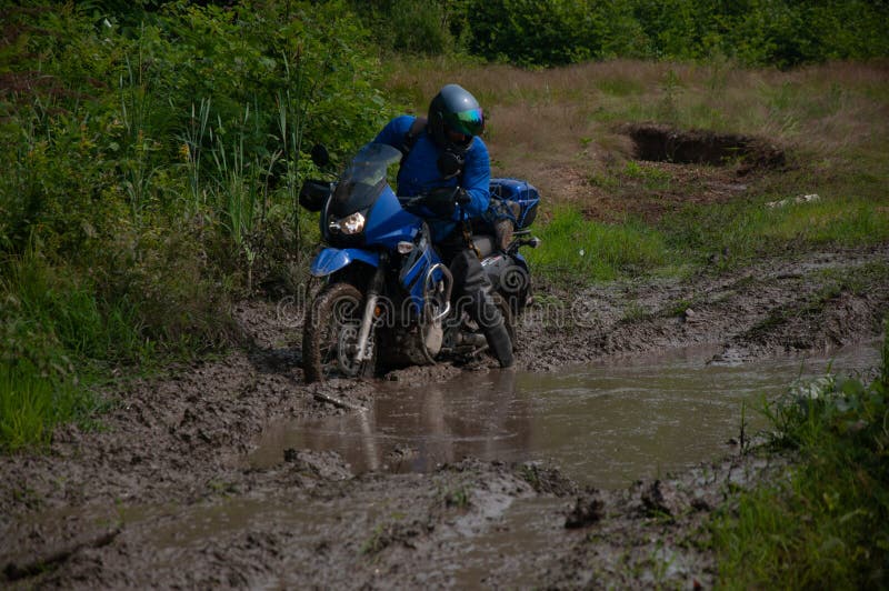 Travelling on an Enduro Motorcycle in the Taiga. Stock Photo - Image of ...