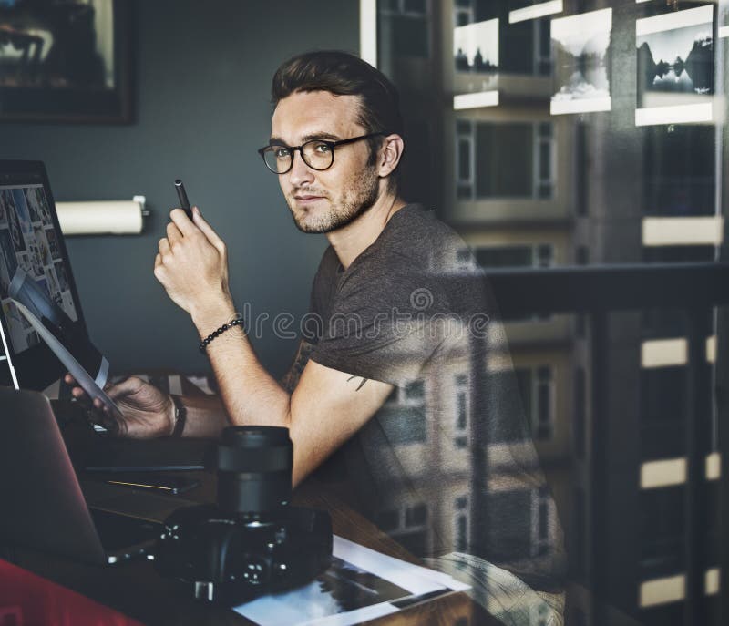 Travelling Photographer Journalist Workplace Concept Stock Photo ...