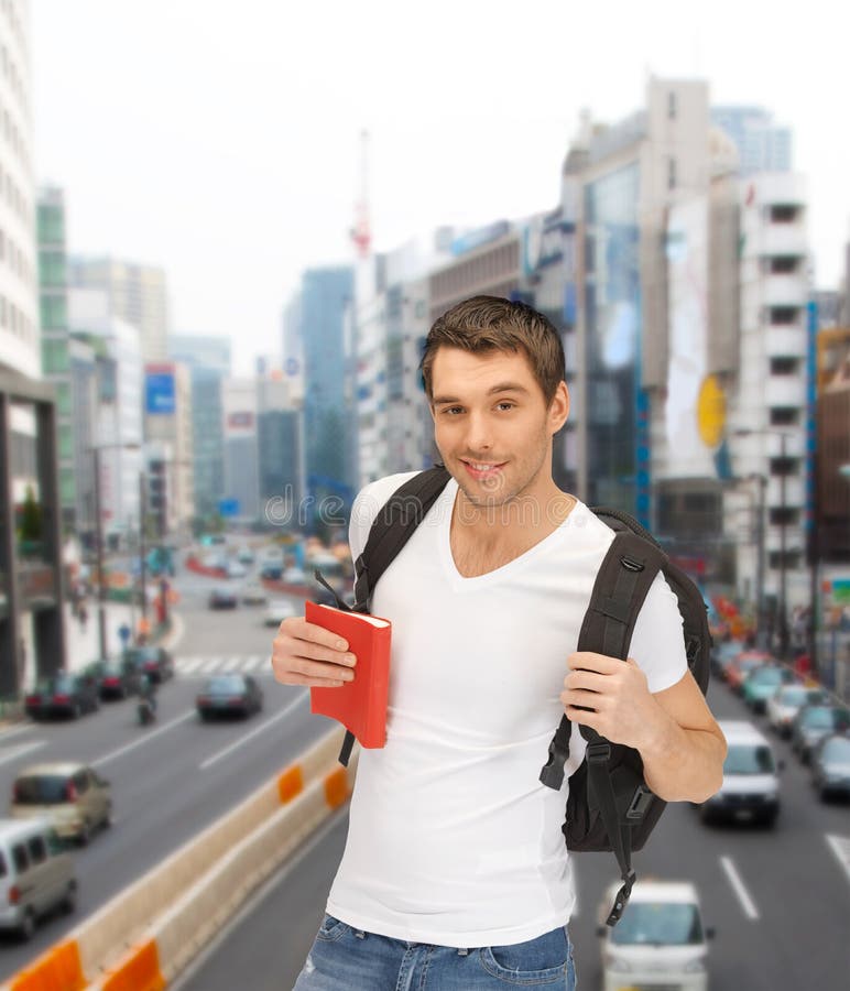 Travelling Student with Backpack and Book Stock Image - Image of ...