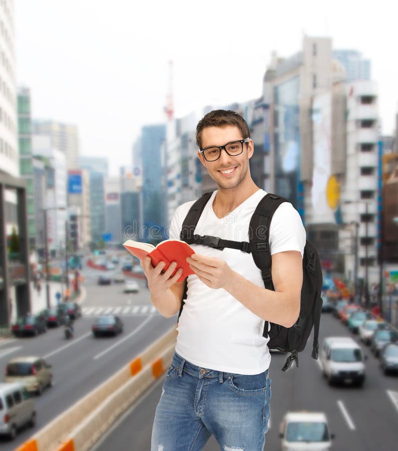 Travelling Student with Backpack and Book Stock Photo - Image of center ...