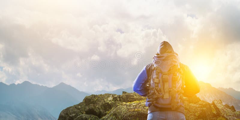 Travelling Tourist with His Backpack Stock Photo - Image of mountains ...