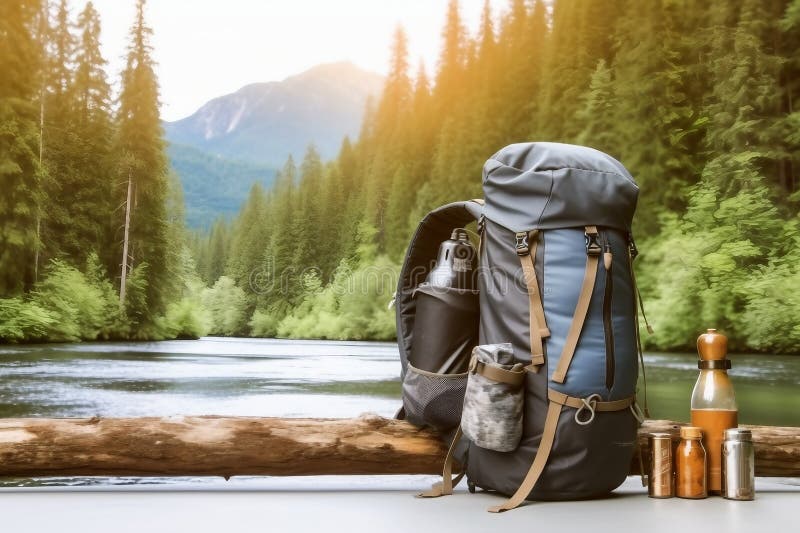 Travle Backpack and River with Forest. Created Generative Ai Stock ...