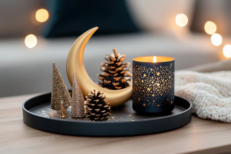 Ramadan Decorations, a Tray Adorned with Golden Moons, Glowing Lamps ...