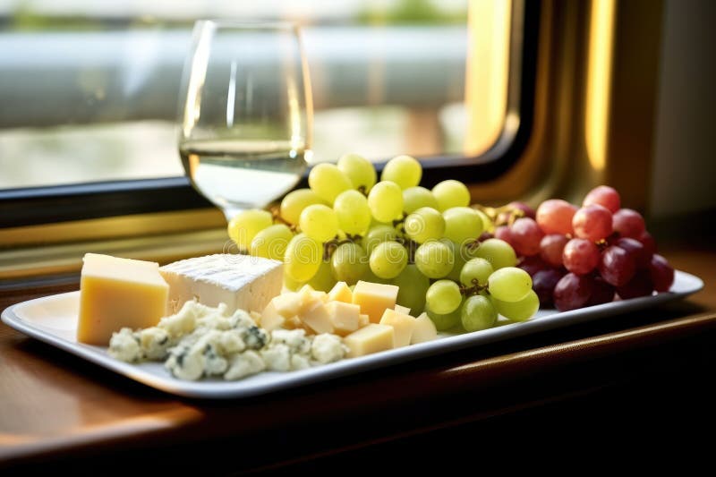 Tray of Assorted Cheese and Grapes on a Train Dining Table Stock Photo ...