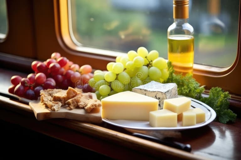 Tray of Assorted Cheese and Grapes on a Train Dining Table Stock Image ...