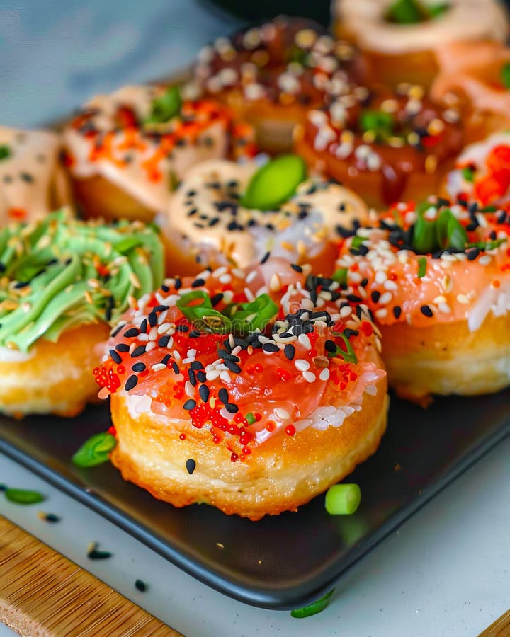 A Tray of Assorted Donuts with Different Toppings on a Table Stock ...