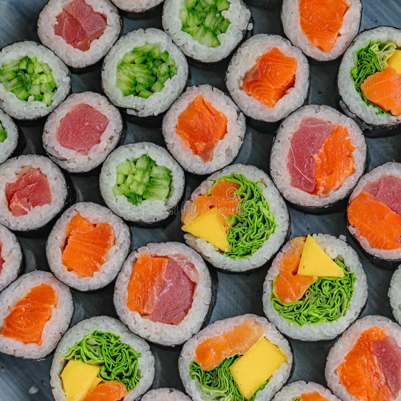 Tray of Assorted Sushi Rolls with Various Toppings Stock Photo - Image ...