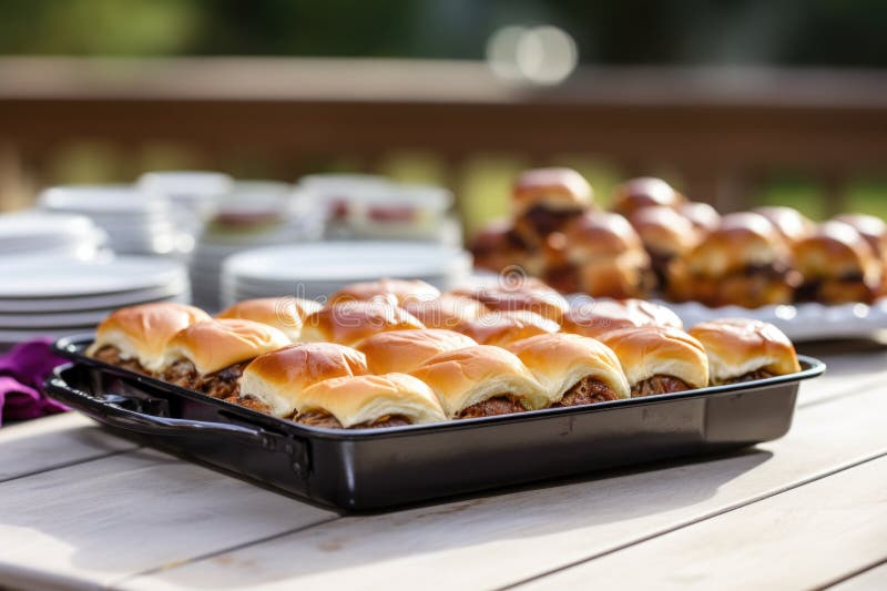 Tray of Bbq Sliders at Picnic Table Stock Illustration - Illustration ...