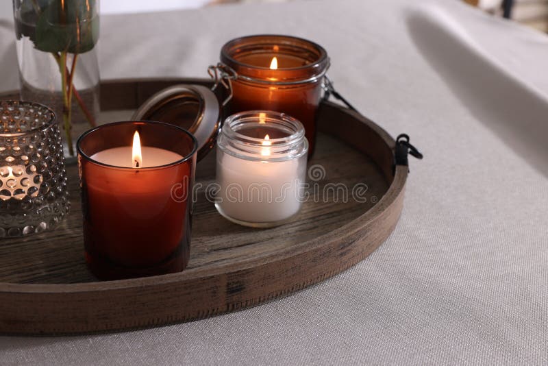 Tray with Beautiful Burning Candles on Table Stock Image - Image of ...