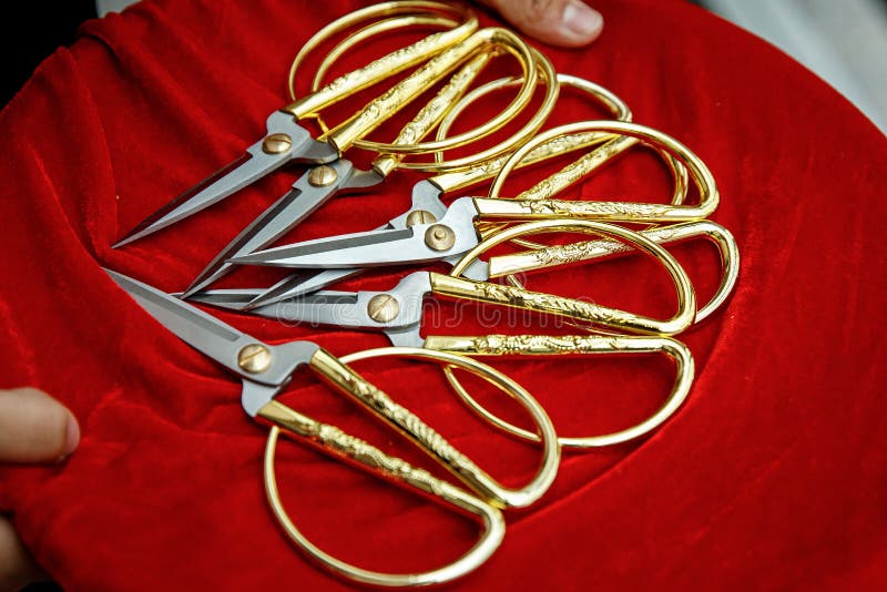 Tray with Beautiful Scissors for Cutting a Red Ribbon Stock Image ...