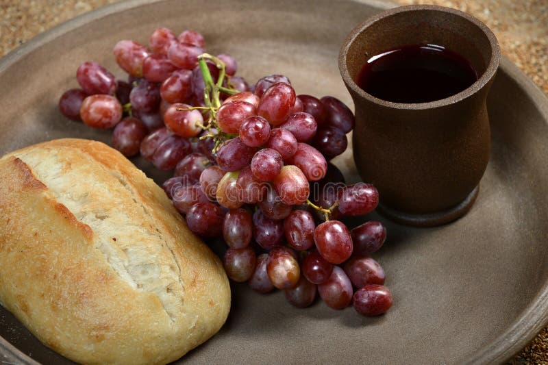 Tray with Bread, Grapes and Cup of Wine Stock Image - Image of pottery ...