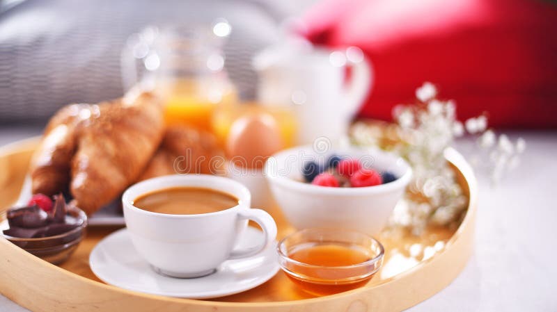 A Tray with Breakfast on a Bed in a Hotel Room Stock Photo - Image of ...