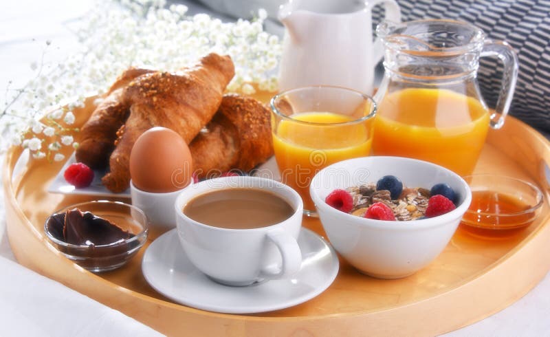 A Tray with Breakfast on a Bed in a Hotel Room Stock Image - Image of ...