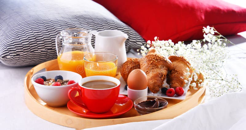 A Tray with Breakfast on a Bed in a Hotel Room Stock Image - Image of ...