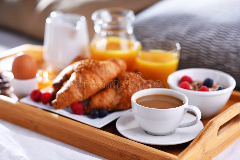 A Tray with Breakfast on a Bed in a Hotel Room Stock Image - Image of ...