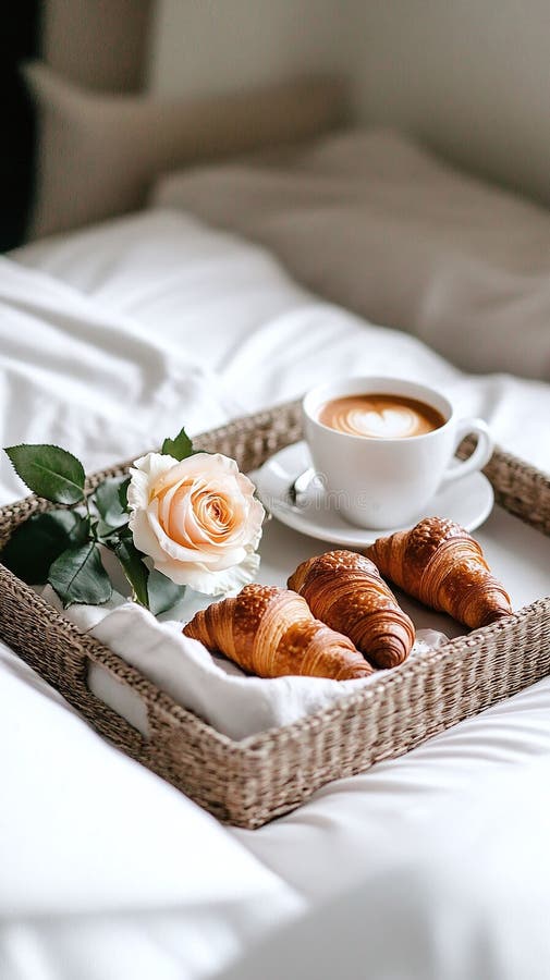 A Tray with a Breakfast-in-bed Setup Including Coffee Croissants and a ...