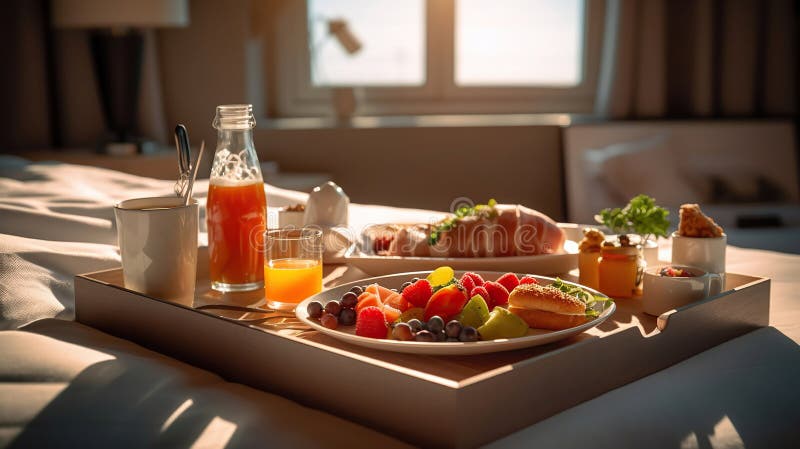Tray with Breakfast Food on the Bed Inside a Bedroom. Generative Ai ...
