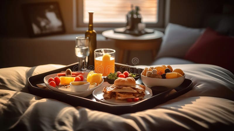 Tray with Breakfast Food on the Bed Inside a Bedroom. Generative Ai ...