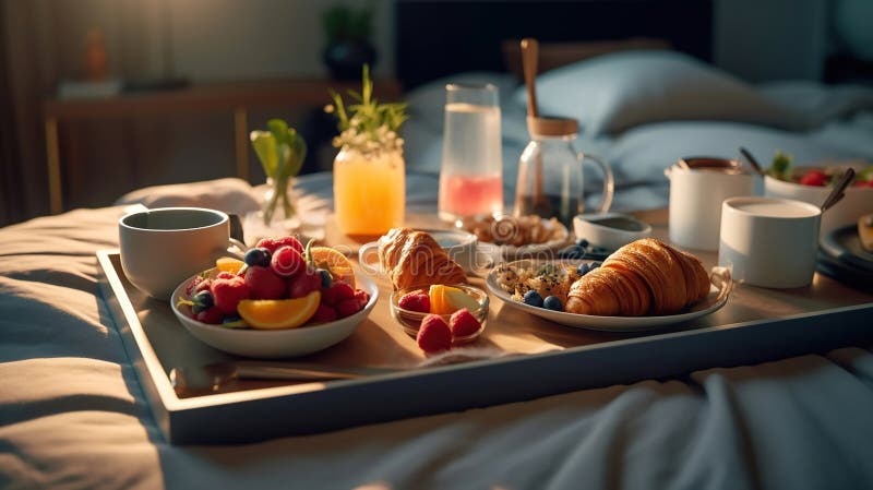 Tray with Breakfast Food on the Bed Inside a Bedroom. Generative Ai ...