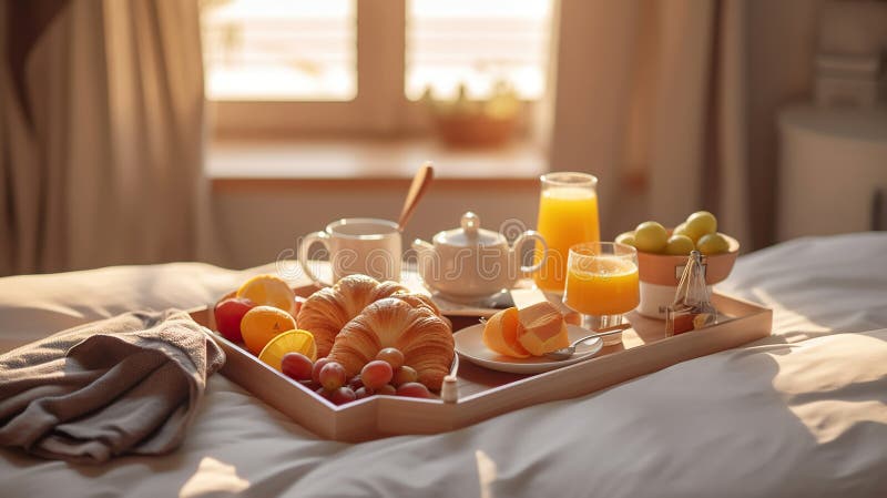 Tray with Breakfast Food on the Bed Inside a Bedroom. Generative Ai ...
