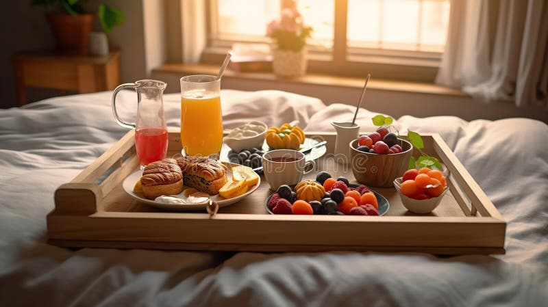 Tray with Breakfast Food on the Bed Inside a Bedroom. Generative Ai ...