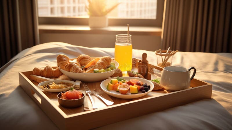 Tray with Breakfast Food on the Bed Inside a Bedroom. Generative Ai ...
