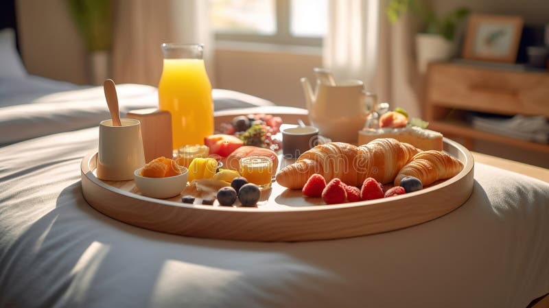 Tray with Breakfast Food on the Bed Inside a Bedroom. Generative Ai ...
