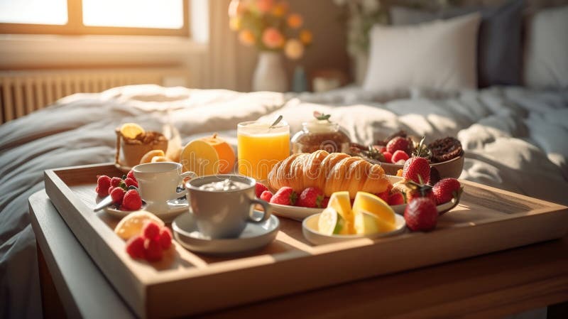 Tray with Breakfast Food on the Bed Inside a Bedroom. Generative Ai ...