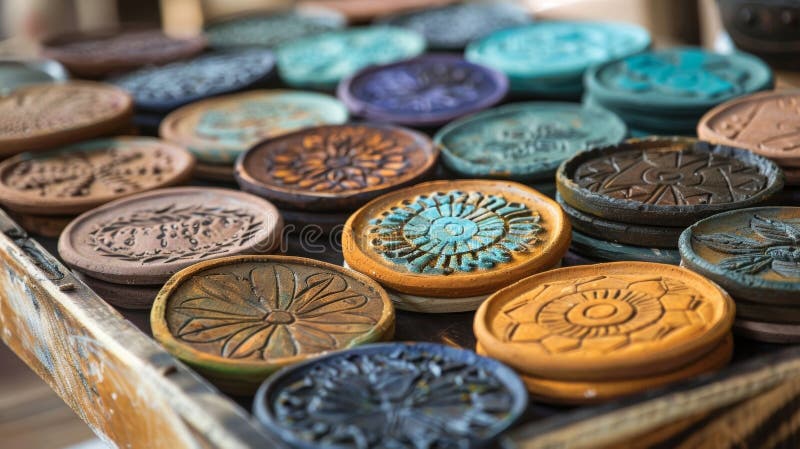 A Tray of Clay Coasters Each One Decorated with a Different Stamp ...