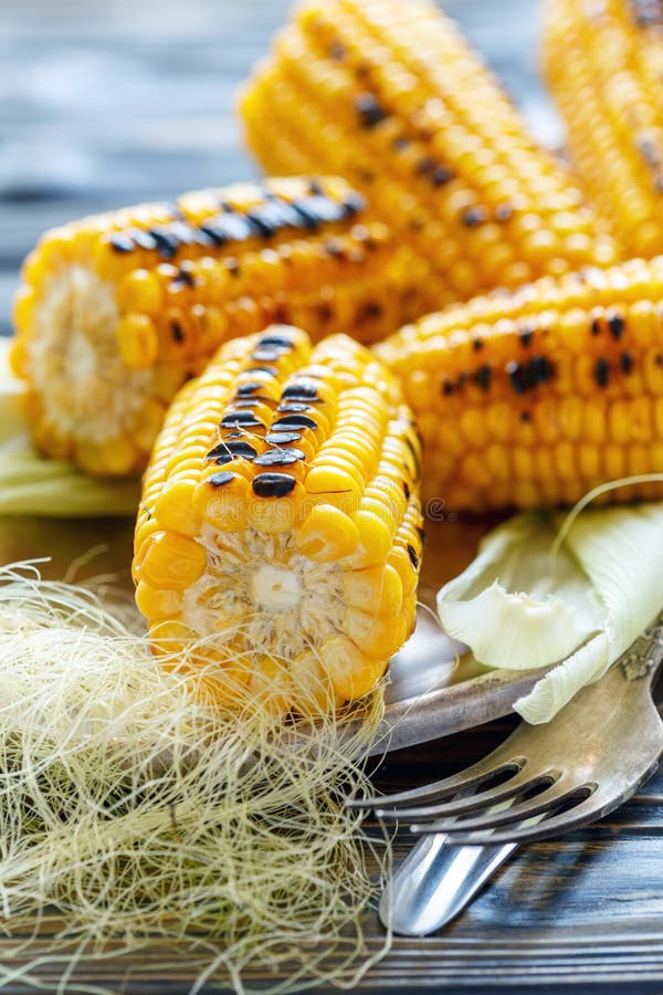Tray with Cobs of Sweet Corn Roasted on the Grill. Stock Image - Image ...