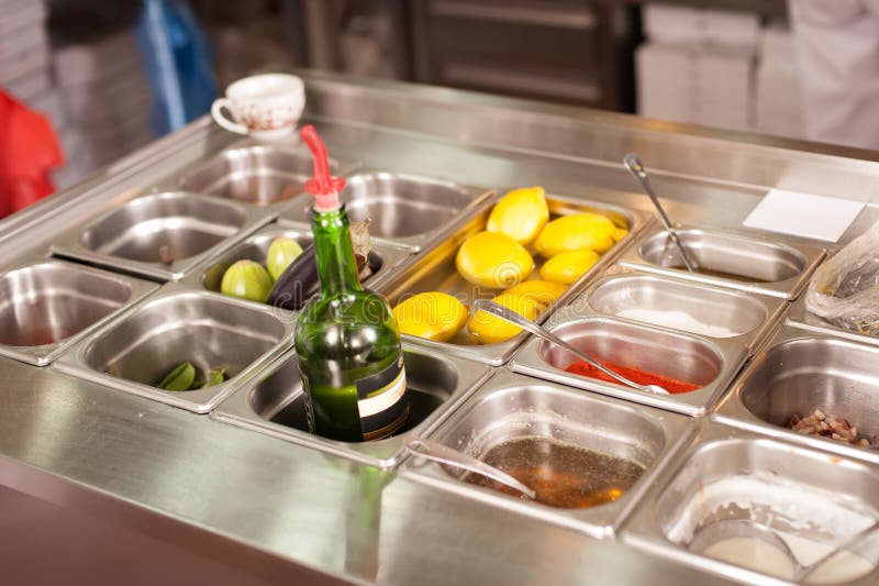 Tray with Cooked Food on Showcase at Cafeteria Stock Image - Image of ...