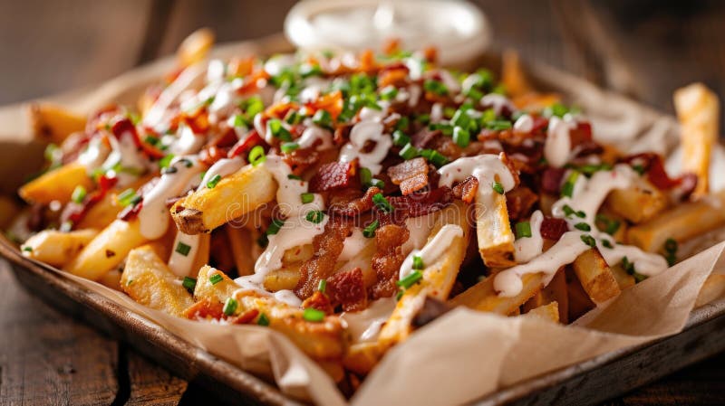 A Tray of Crispy Fries Smothered in Melted Cheese and Crumbled Bacon ...