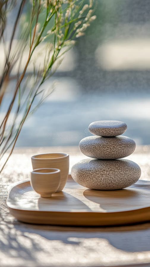 A Tray with a Cup and Three Rocks on it Stock Illustration ...