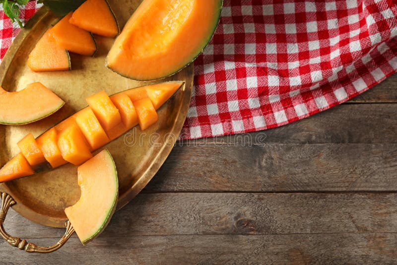 Tray with Cut Ripe Melon on Table Stock Image - Image of sweet, piece ...