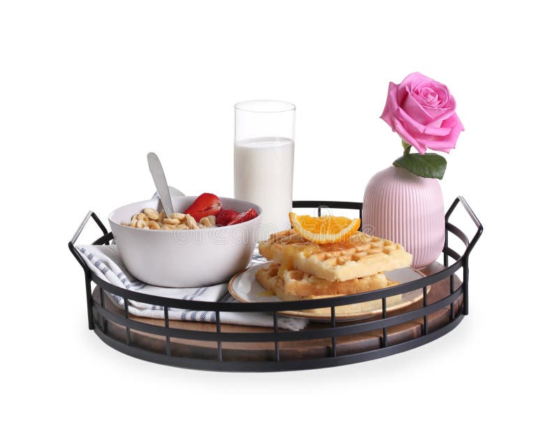 Tray with Delicious Breakfast and Beautiful Flower on White Background ...