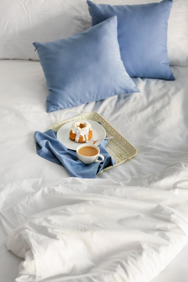 Tray with Delicious Breakfast on Bed Stock Image - Image of sweet ...