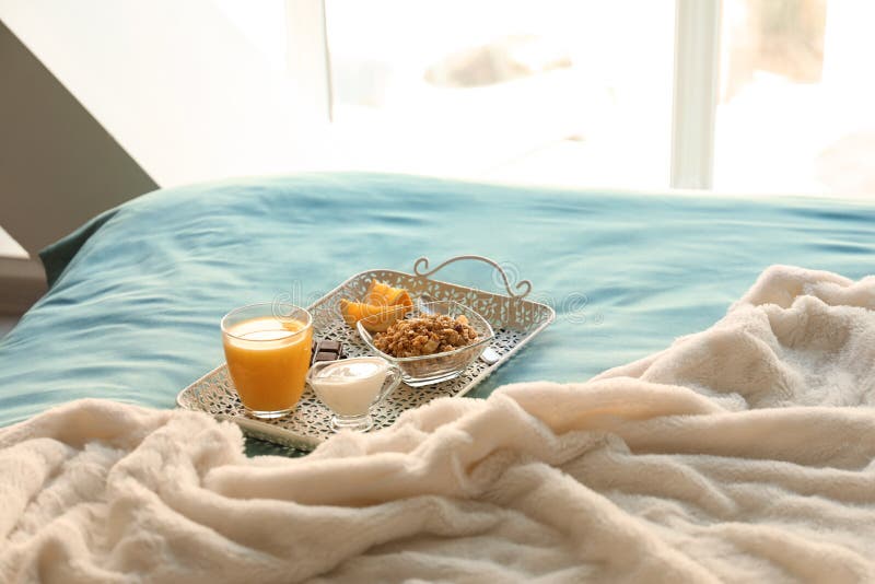Tray with Delicious Breakfast on Bed Stock Photo - Image of healthy ...