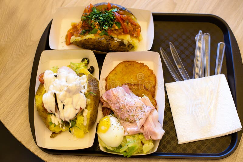 Tray with Dishes on the Table in the Cafe Stock Photo - Image of ...