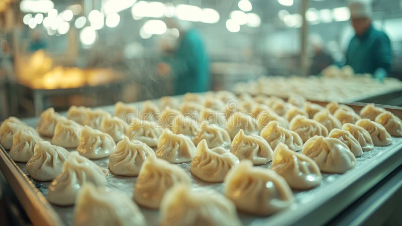 Tray of Dumplings Being Prepared in an Industrial Kitchen. Stock Image ...