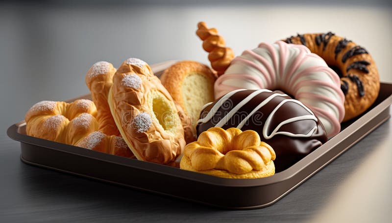 A Tray Filled with Assorted Pastries on a Table Stock Illustration ...