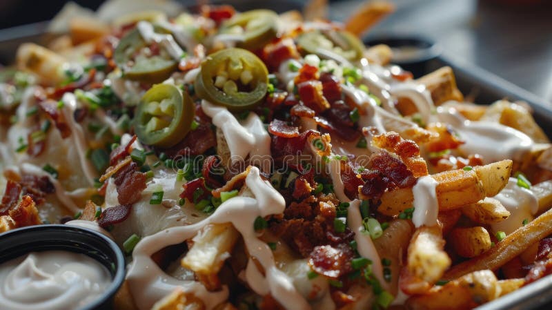 A Tray Filled with Crispy Fries Topped with Various Ingredients Stock ...